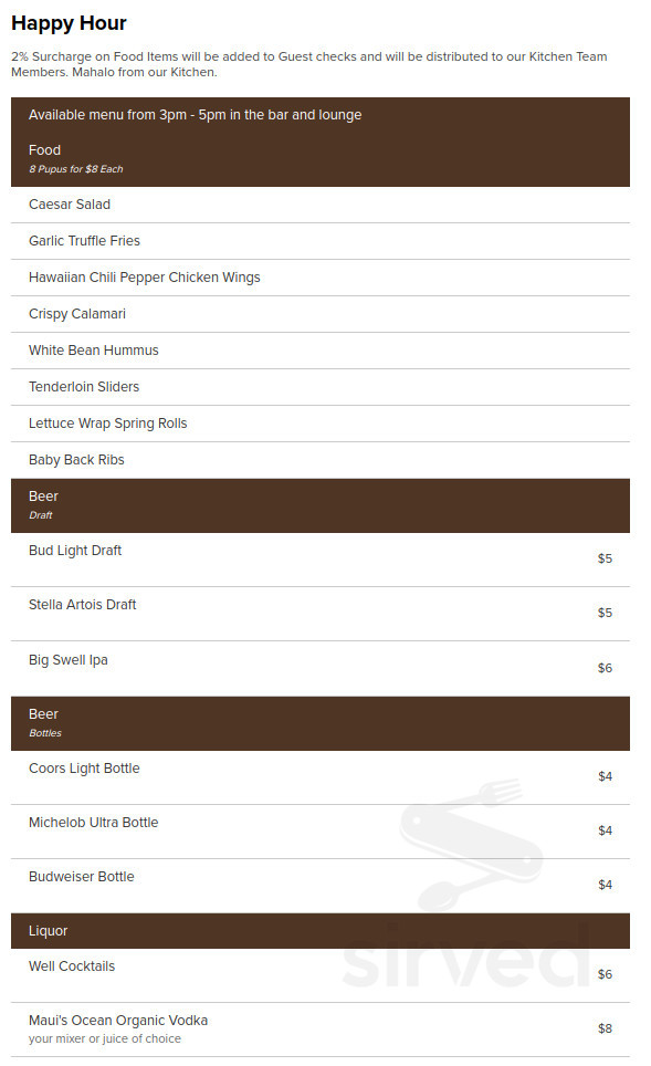 Menu - Lahaina HI's The Plantation House | Sirved