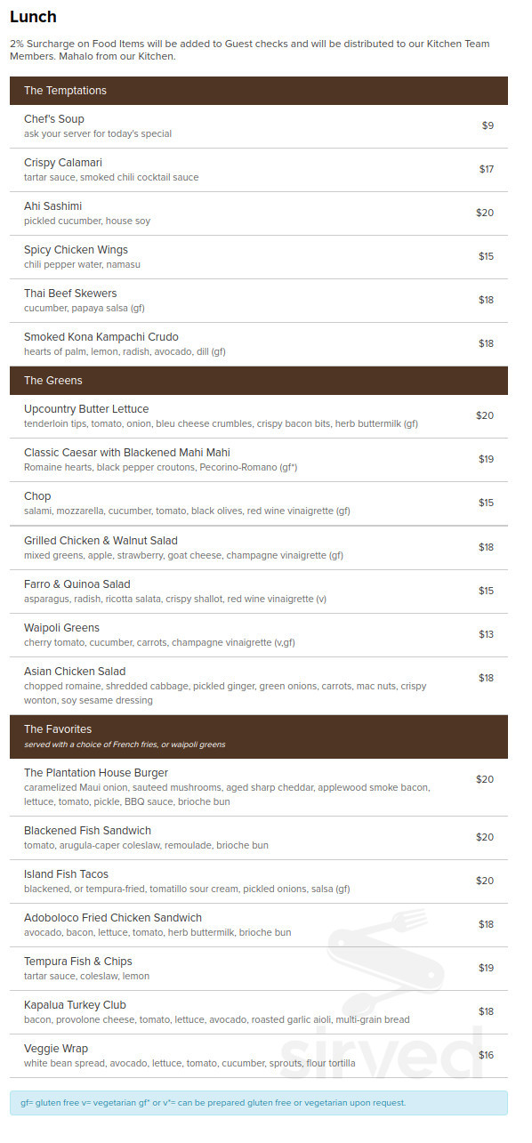 Menu - Lahaina HI's The Plantation House | Sirved