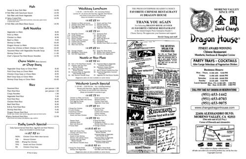 Dragon House menu in Moreno Valley, California, USA