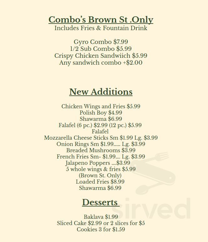 Hanini Subs menu in Akron, Ohio, USA