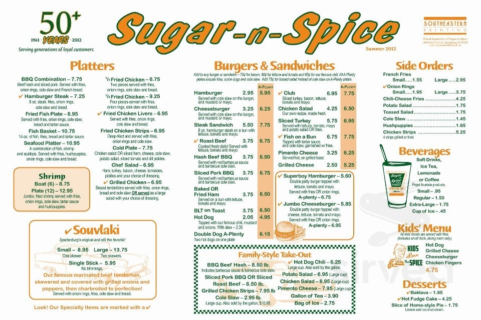 Sugar-n-Spice menu in Spartanburg, South Carolina, USA