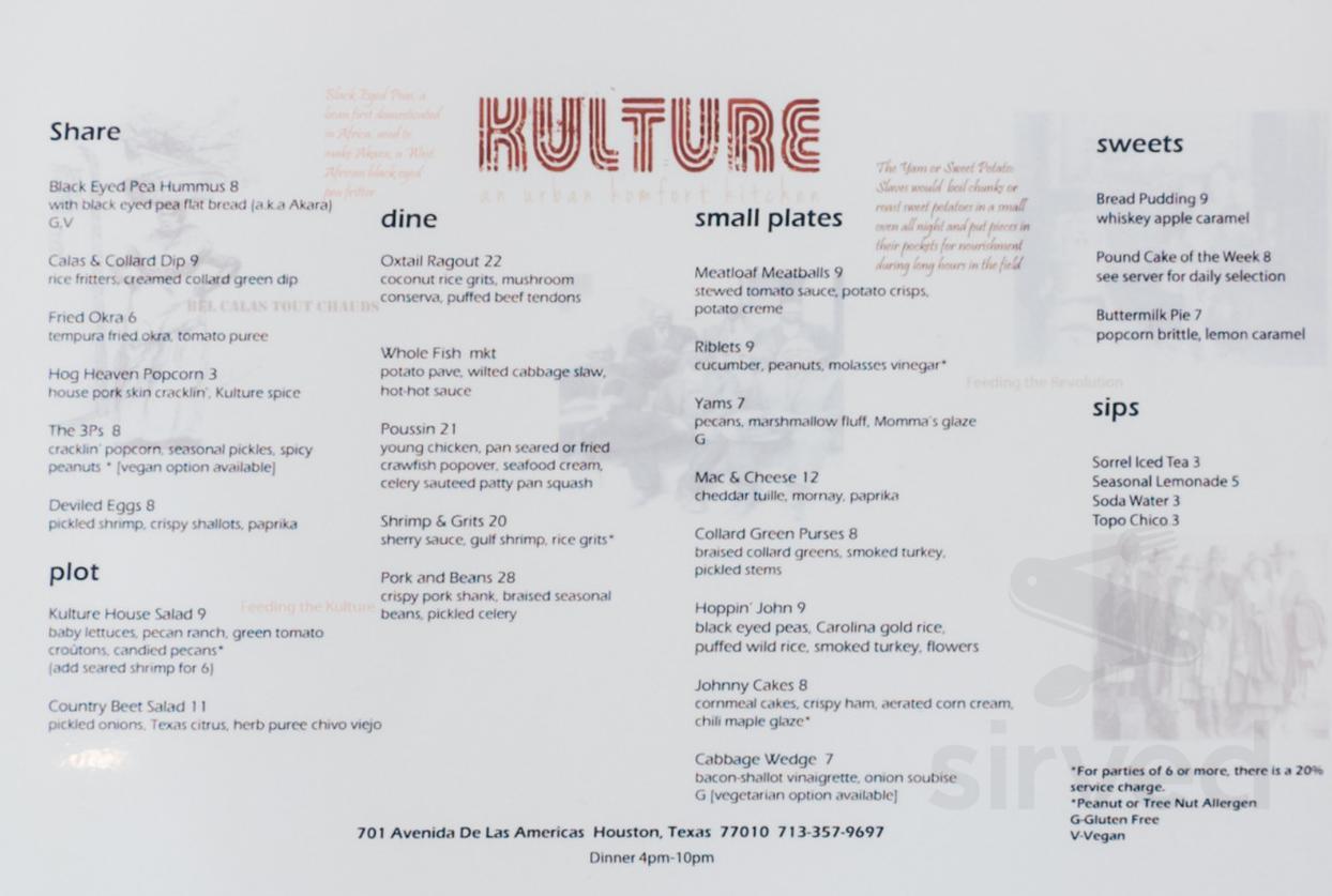 Kulture menu in Houston, Texas, USA