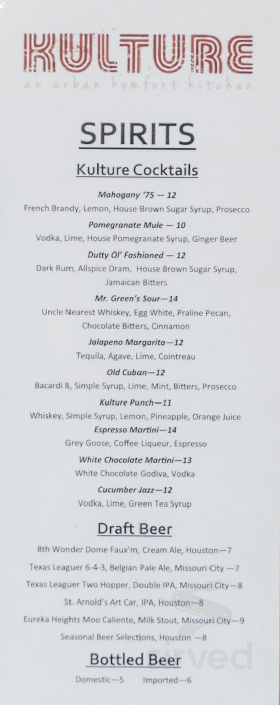 Kulture menu in Houston, Texas, USA