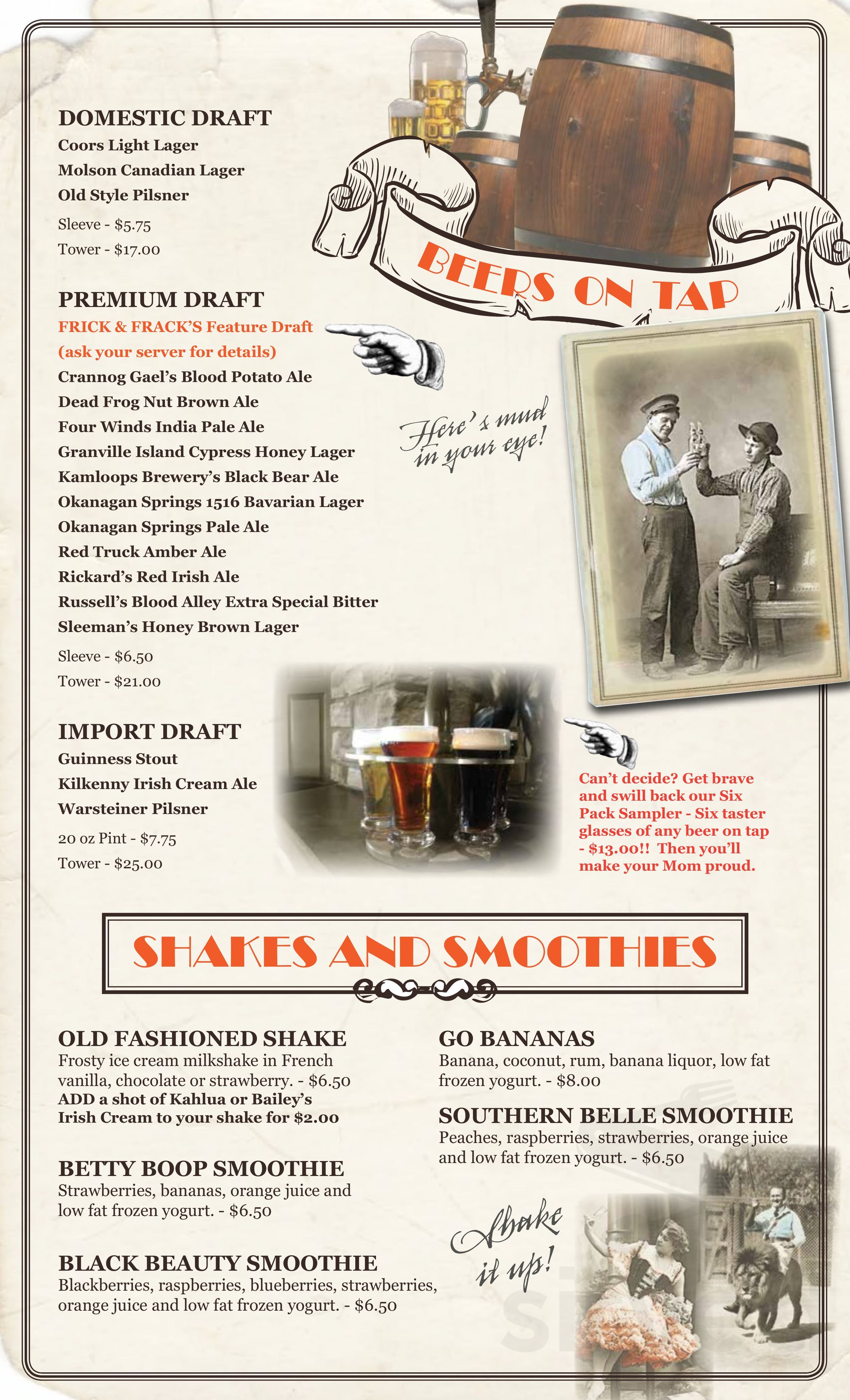 Frick & Frack Tap House menu in Kamloops, British Columbia, Canada