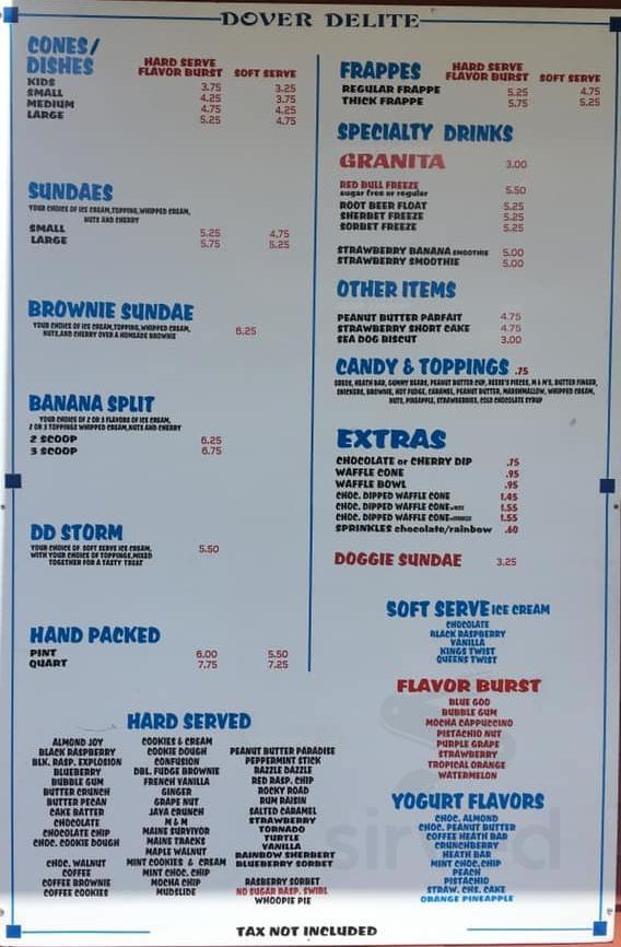 Dover Delite menu in Dover, New Hampshire, USA