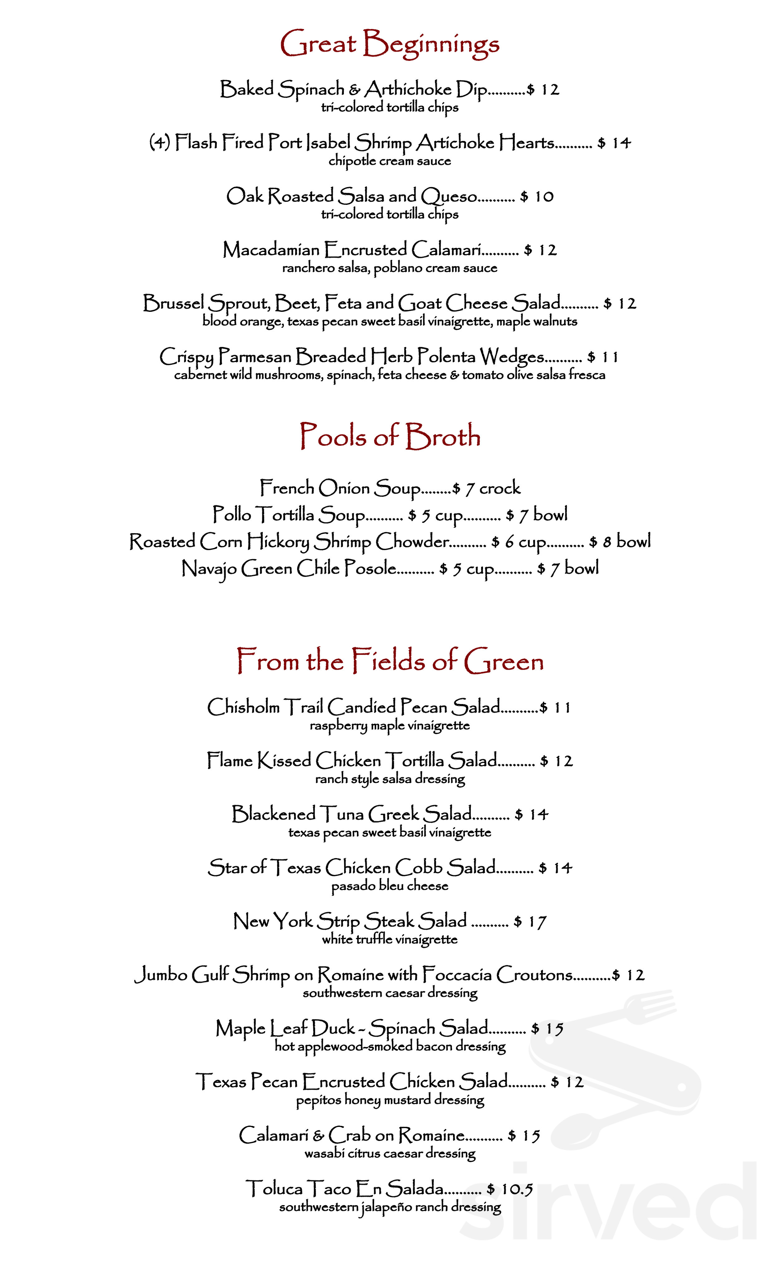 Wildfire menu in Georgetown, Texas, USA