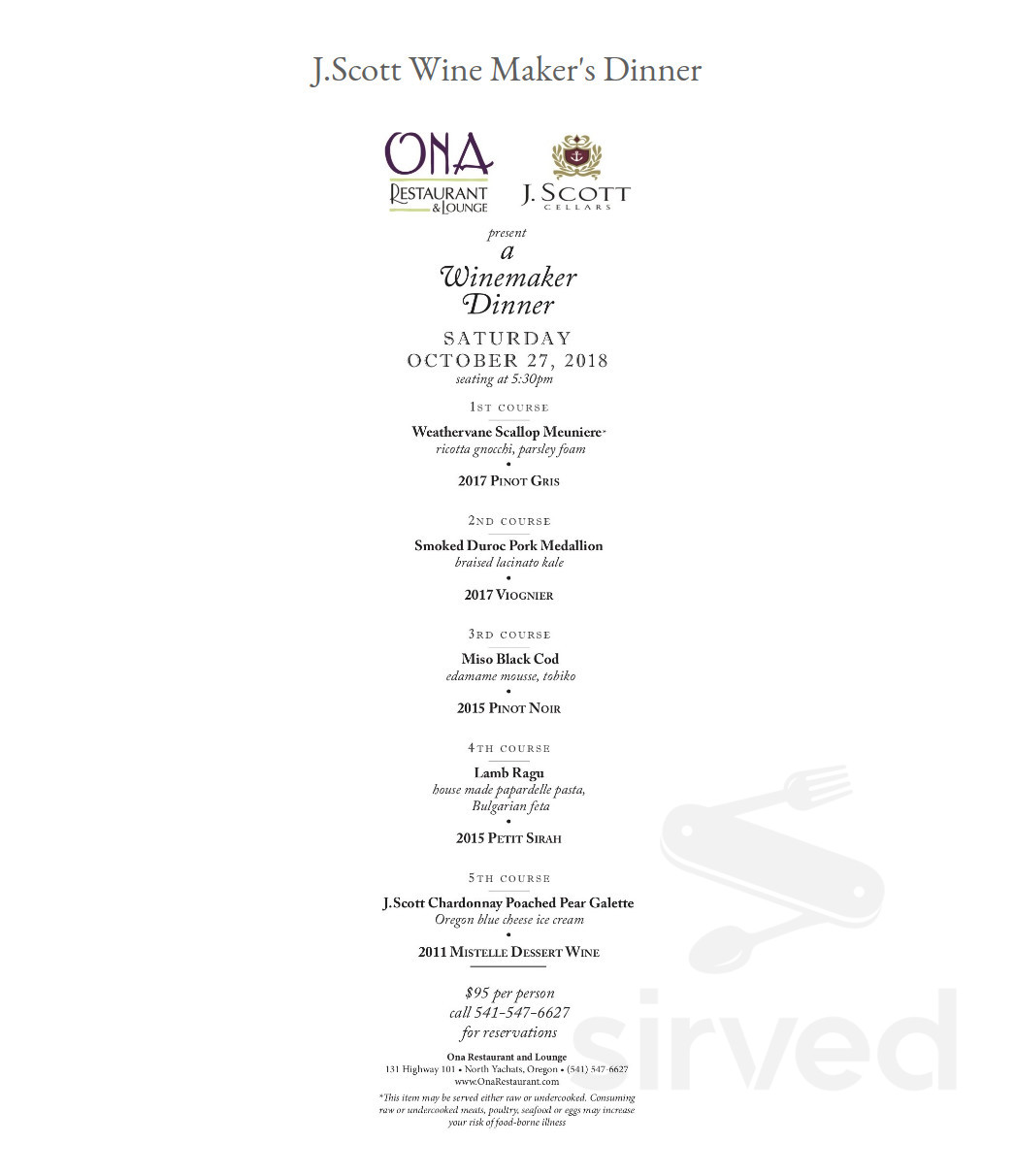 Ona Restaurant & Lounge menu in Yachats, Oregon, USA