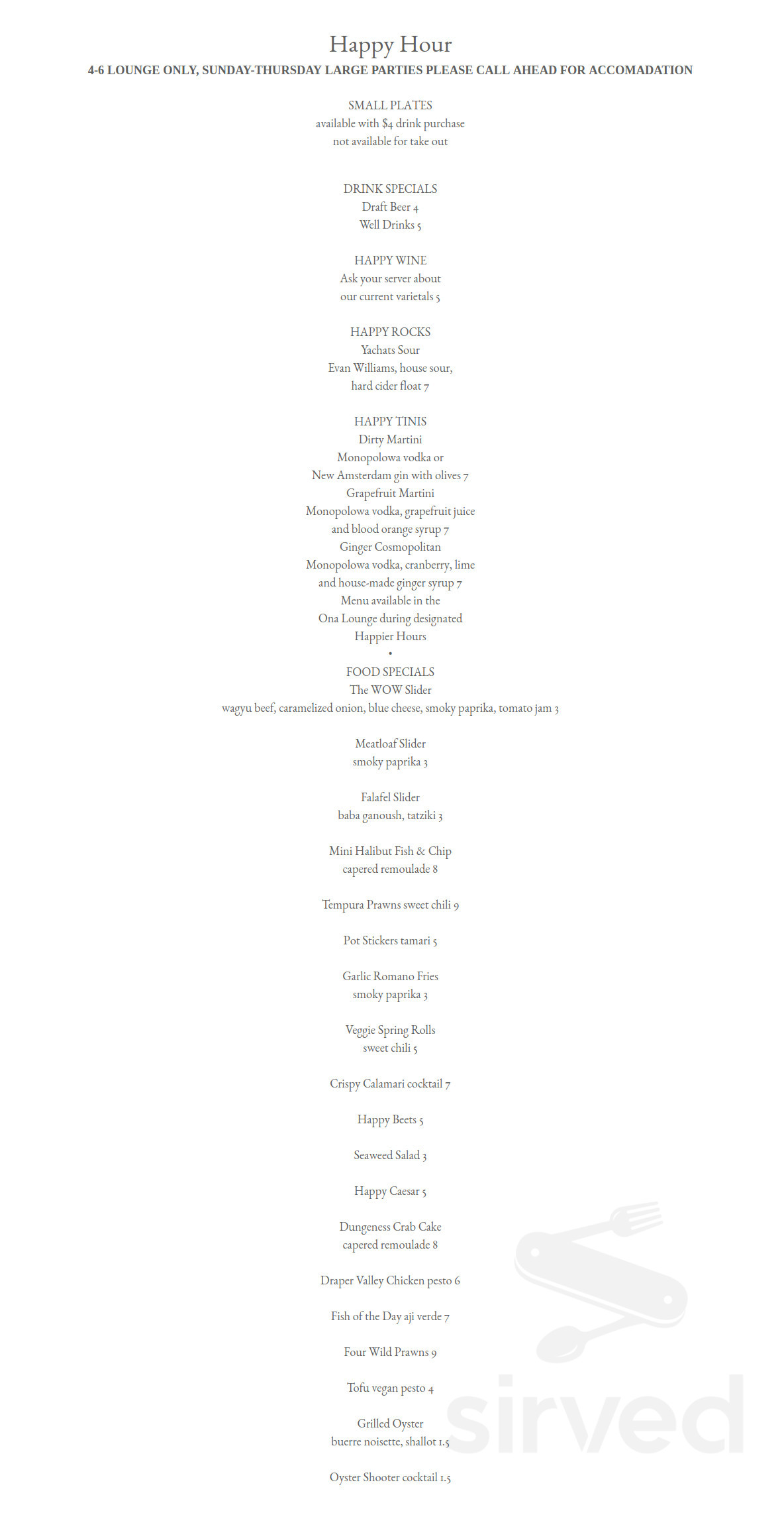 Ona Restaurant & Lounge menu in Yachats, Oregon, USA