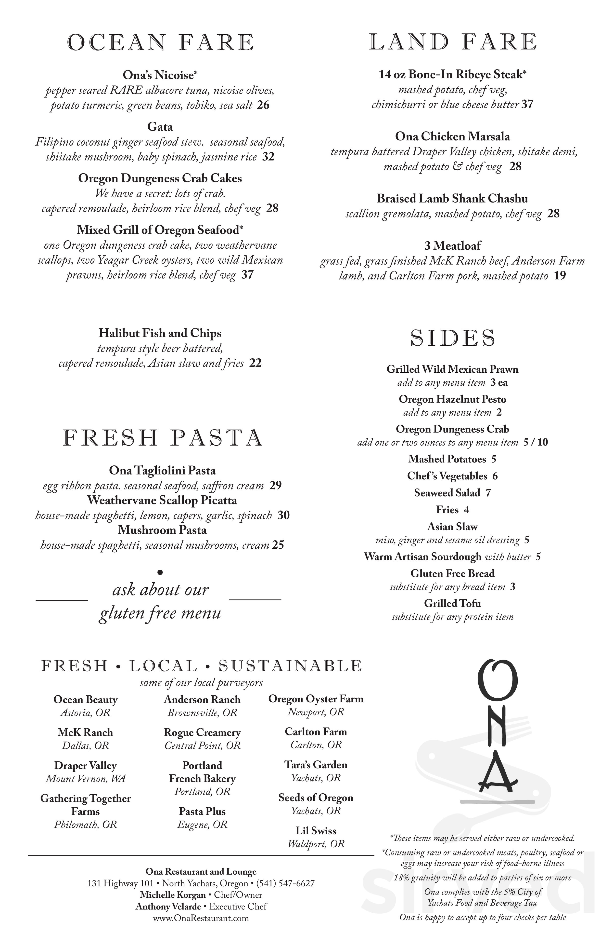 Ona Restaurant & Lounge menu in Yachats, Oregon, USA