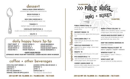 Pala Mesa Resort menu in Fallbrook, California, USA Pala Mesa Resort menu in Fallbrook, California, USA