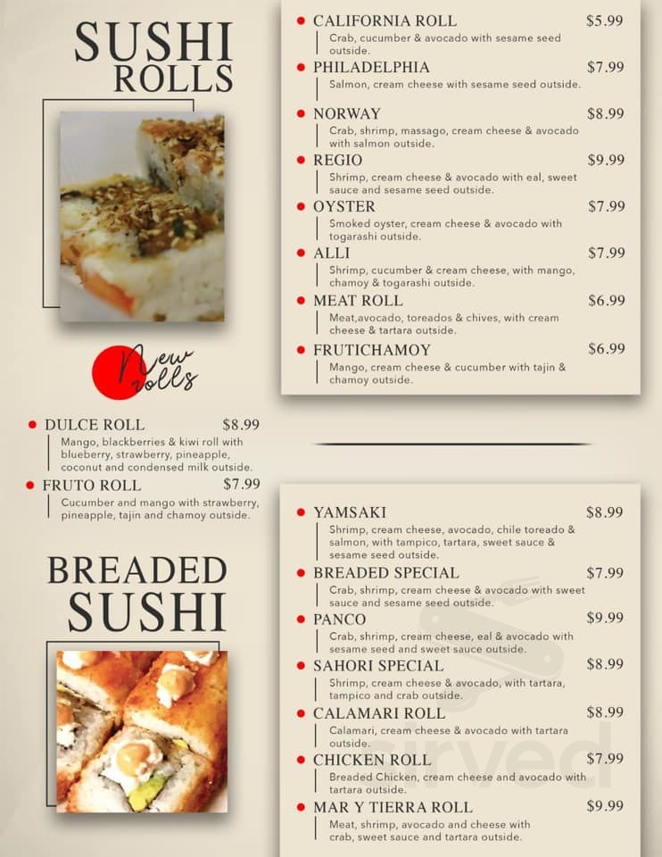 Sahori Sushi & Wings Express menu in El Paso, Texas, USA