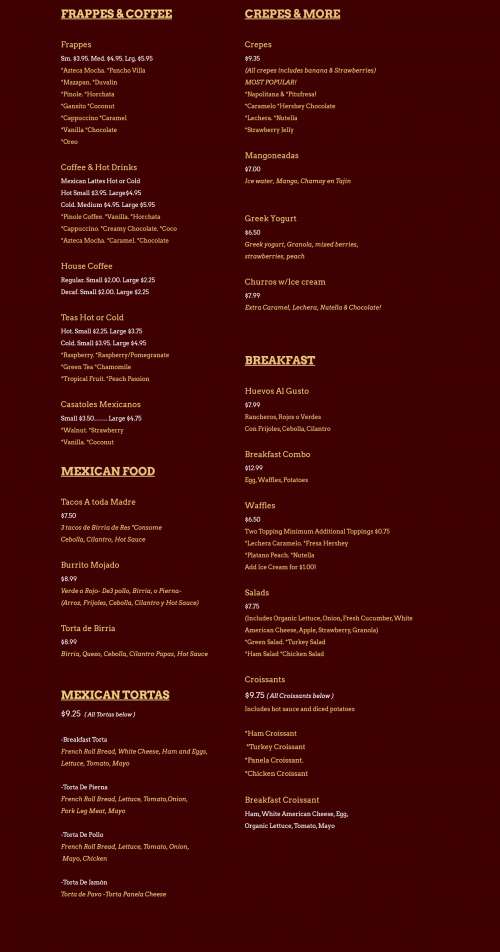 CASA DE CAFE menu in Huntington Park, California, USA