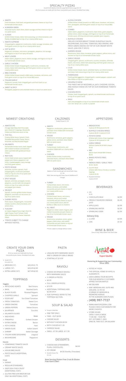 Amato Pizza menu in San Jose, California, USA