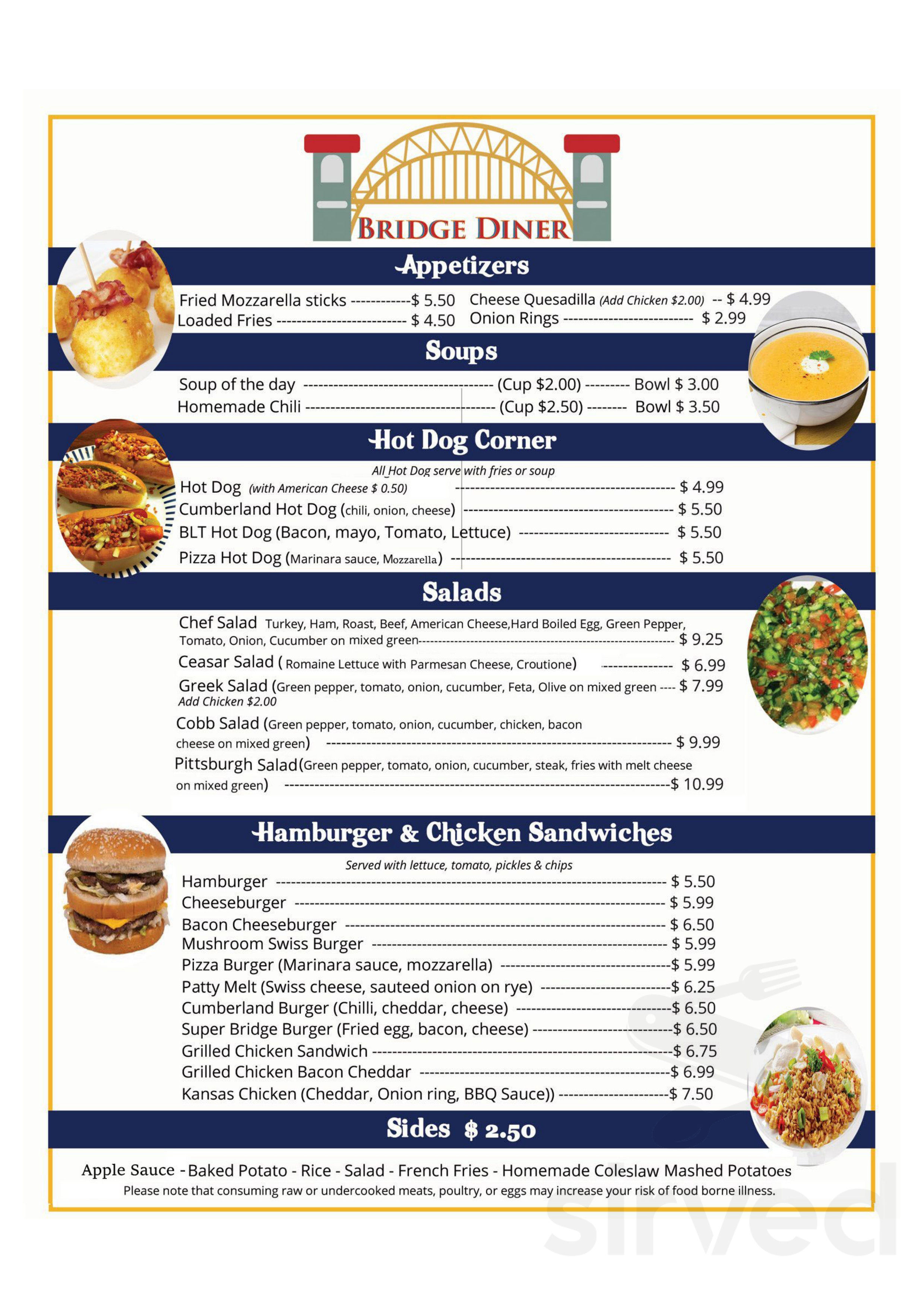 Menu for Bridge Diner in New Cumberland, PA | Sirved