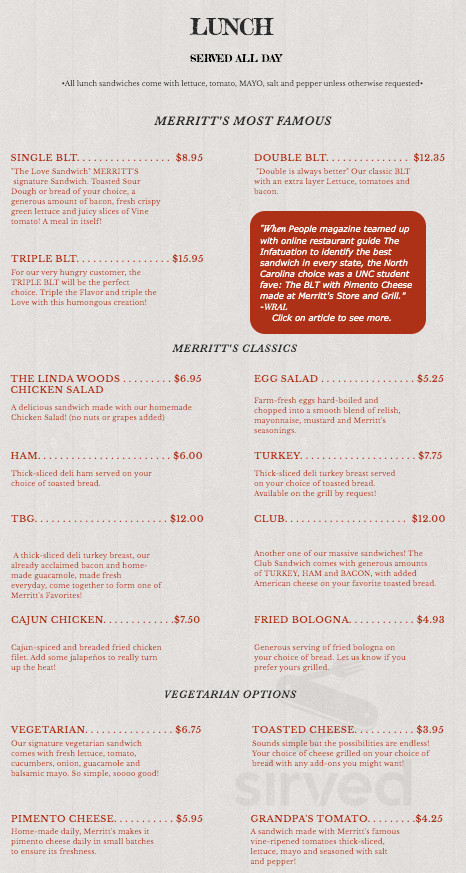 Merritt's Grill menu in Chapel Hill, North Carolina, USA