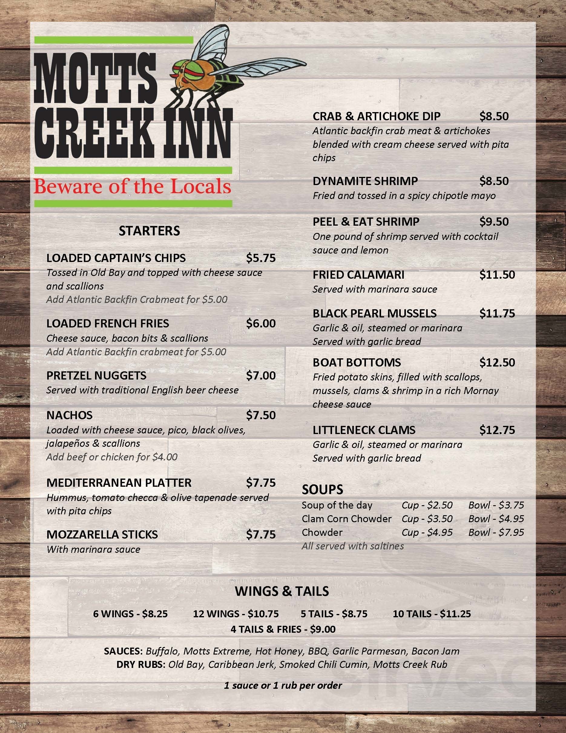 Motts Creek Inn menu in Galloway, New Jersey, USA