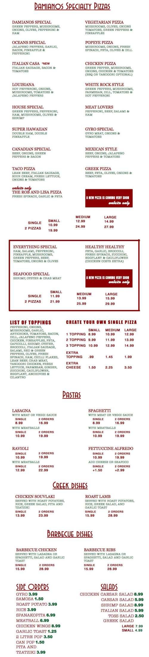 Damianos Pizza & Pasta menu in White Rock, British Columbia, Canada