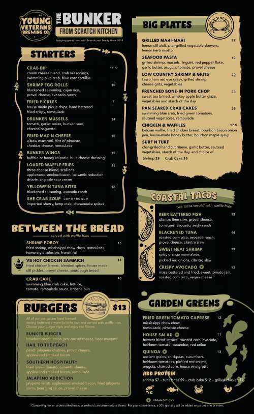 The Bunker Brewpub menu in Virginia Beach, Virginia, USA