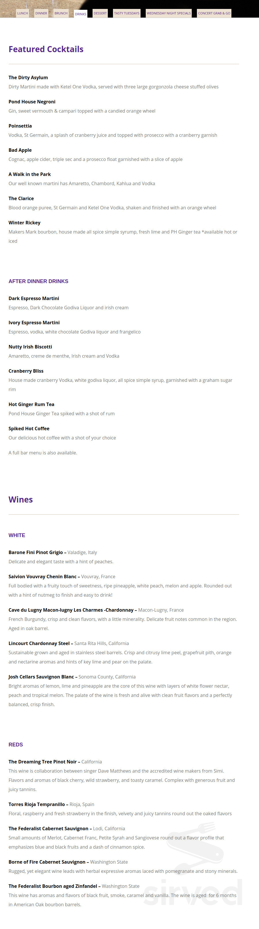 Pond House Cafe menu in West Hartford, Connecticut, USA