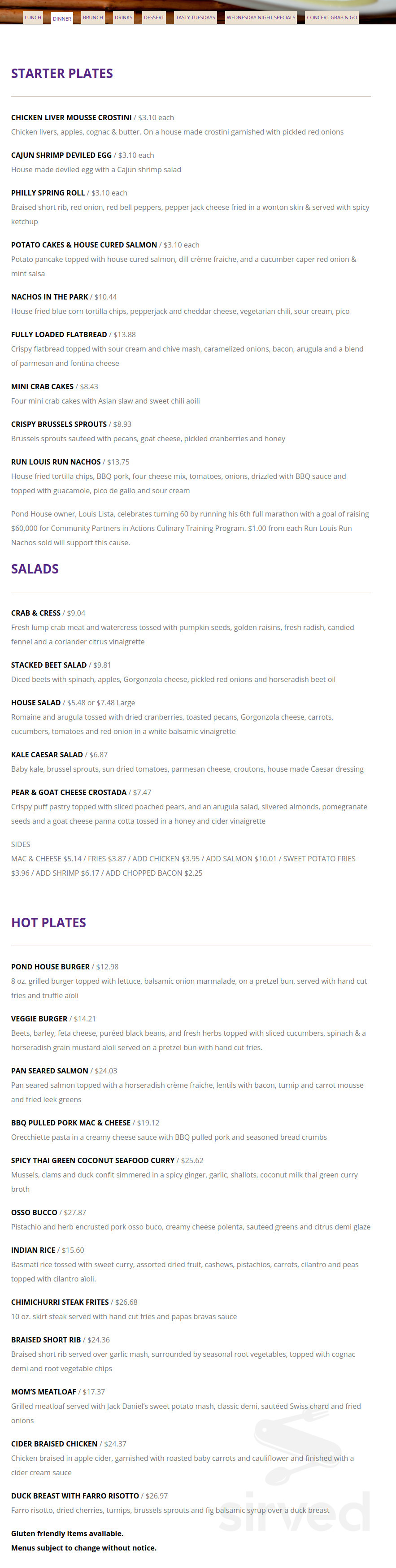 Pond House Cafe menu in West Hartford, Connecticut, USA