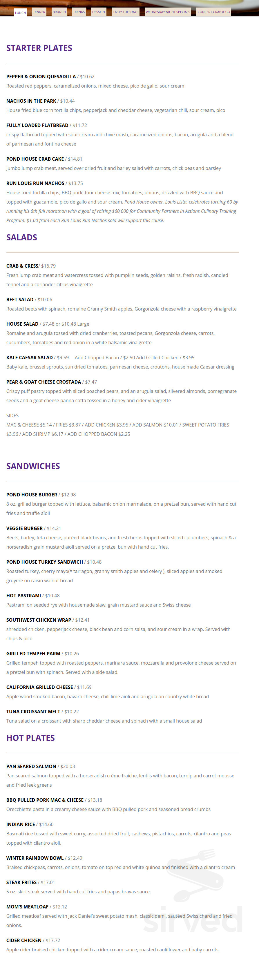 Pond House Cafe menu in West Hartford, Connecticut, USA