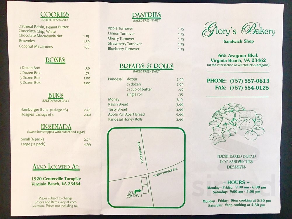Menu - Virginia Beach VA's Glory's Bakery | Sirved