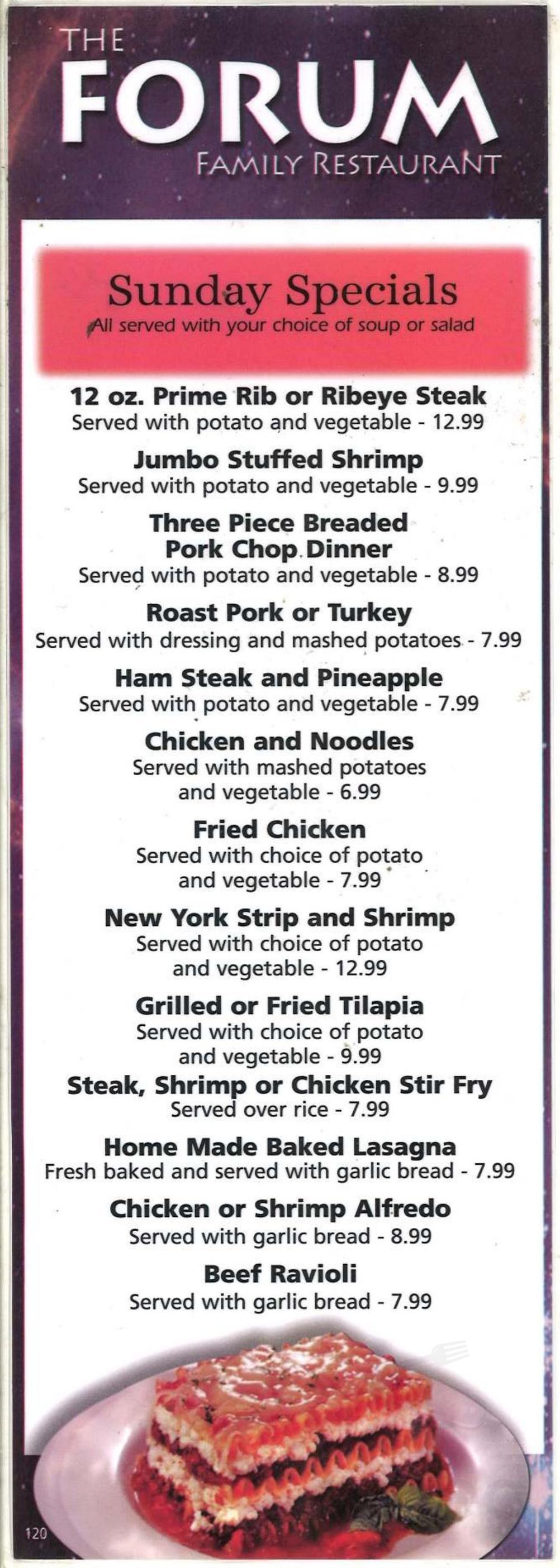 Crawfordsville Forum Family menu in Crawfordsville, Indiana, USA