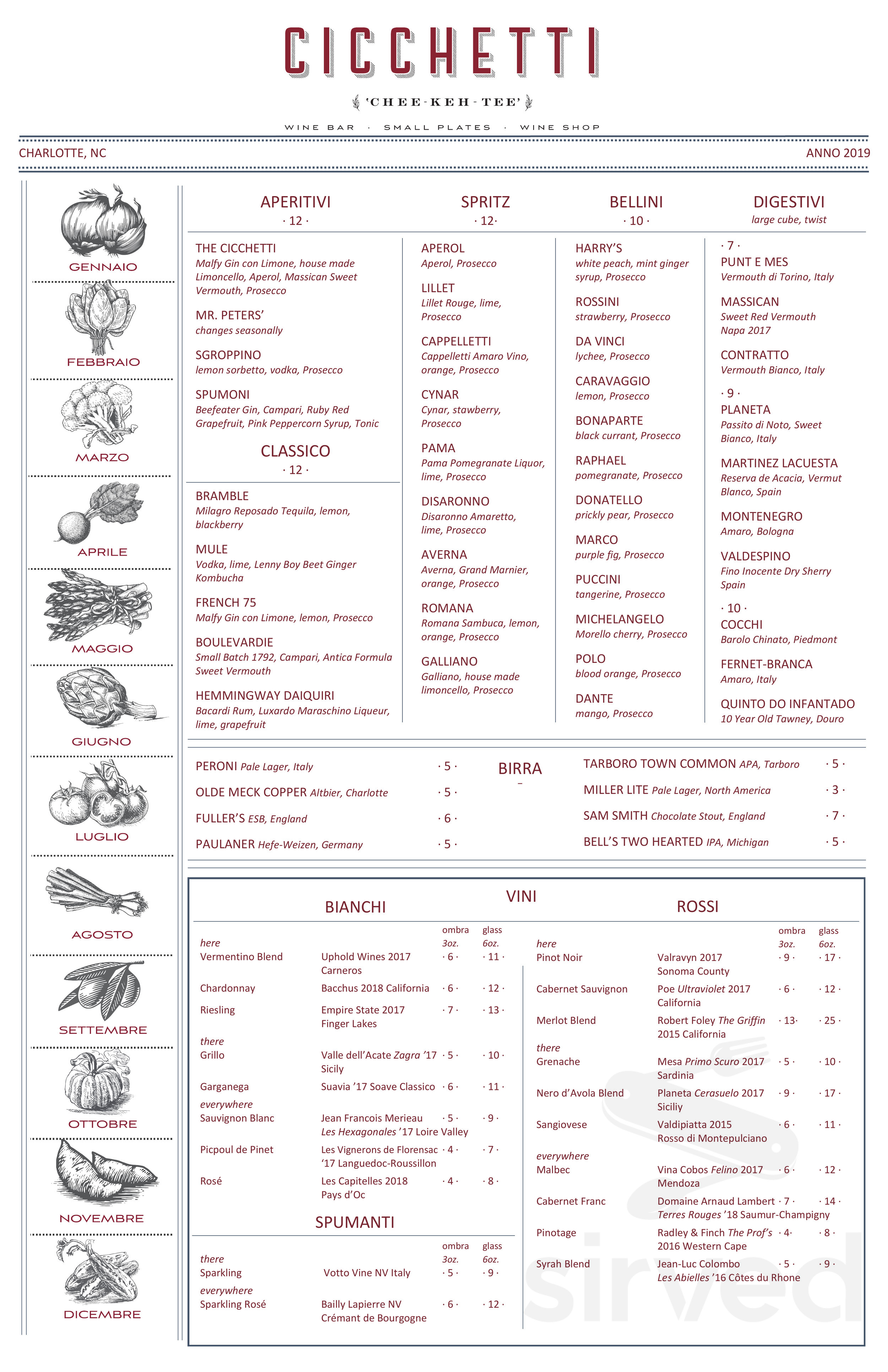 Cicchetti menu in Charlotte, North Carolina, USA