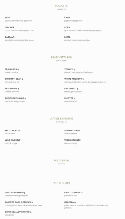 Cicchetti menu in Charlotte, North Carolina, USA