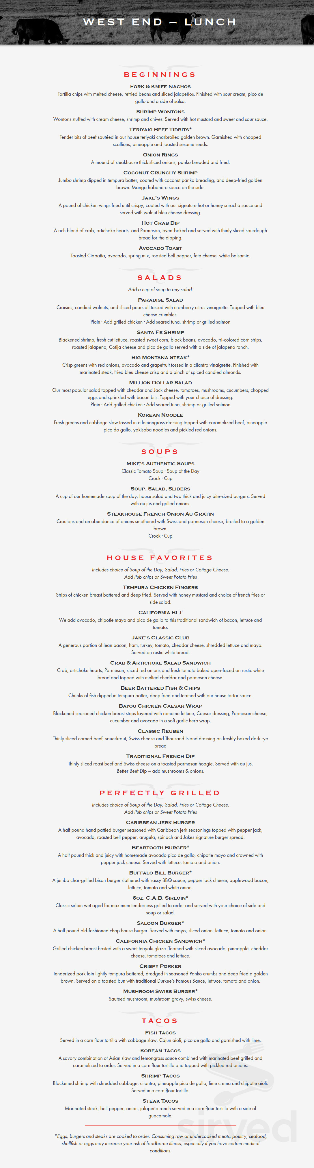 Jake's Bar & Grill menu in Billings, Montana, USA