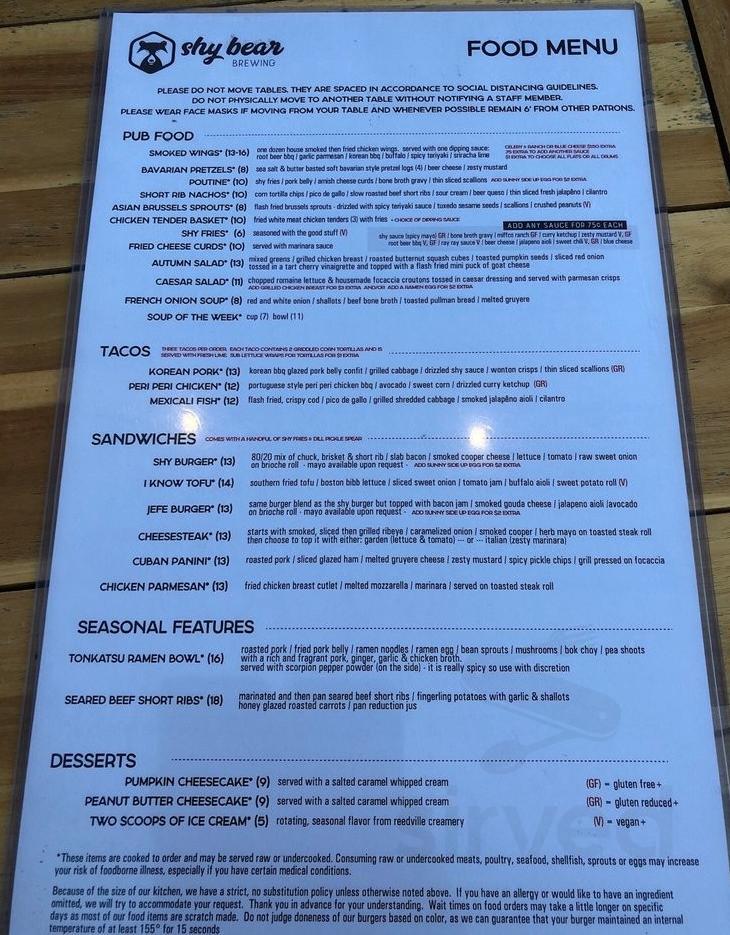 Shy Bear Brewing menu in Lewistown, Pennsylvania, USA