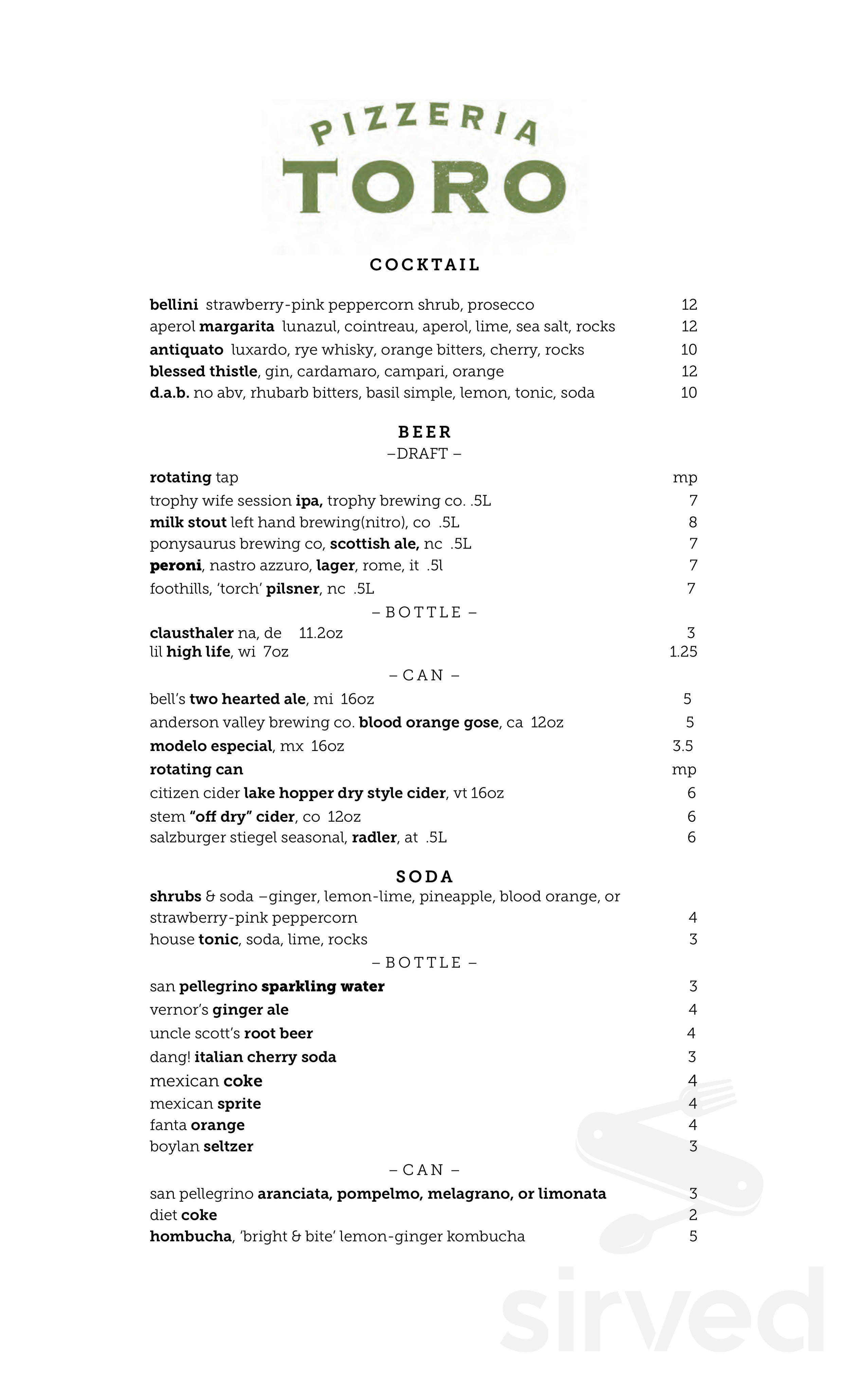 Pizzeria Toro menu in Durham, North Carolina, USA