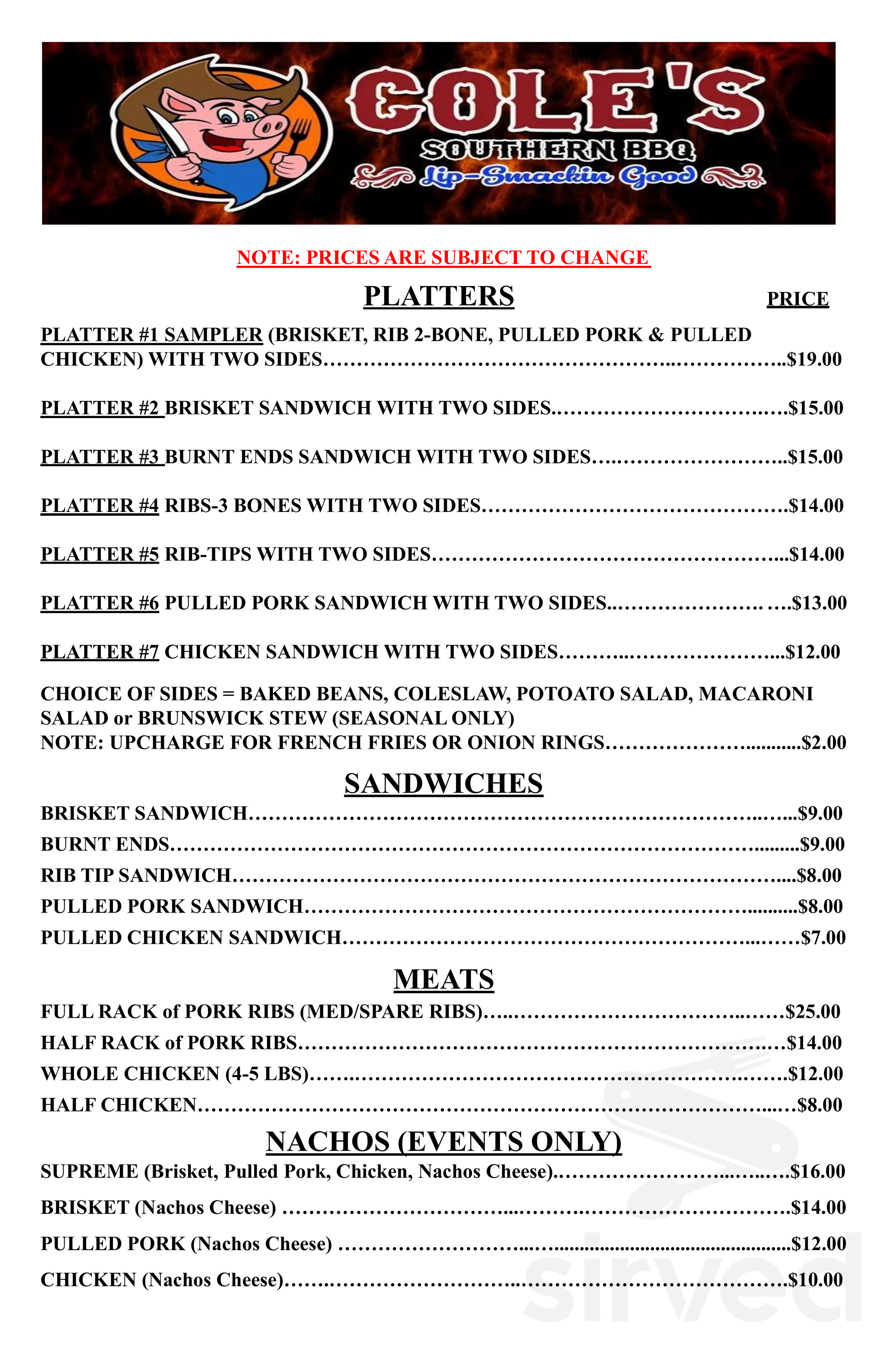 Cole's Southern BBQ Inc. menu in Seneca, South Carolina, USA