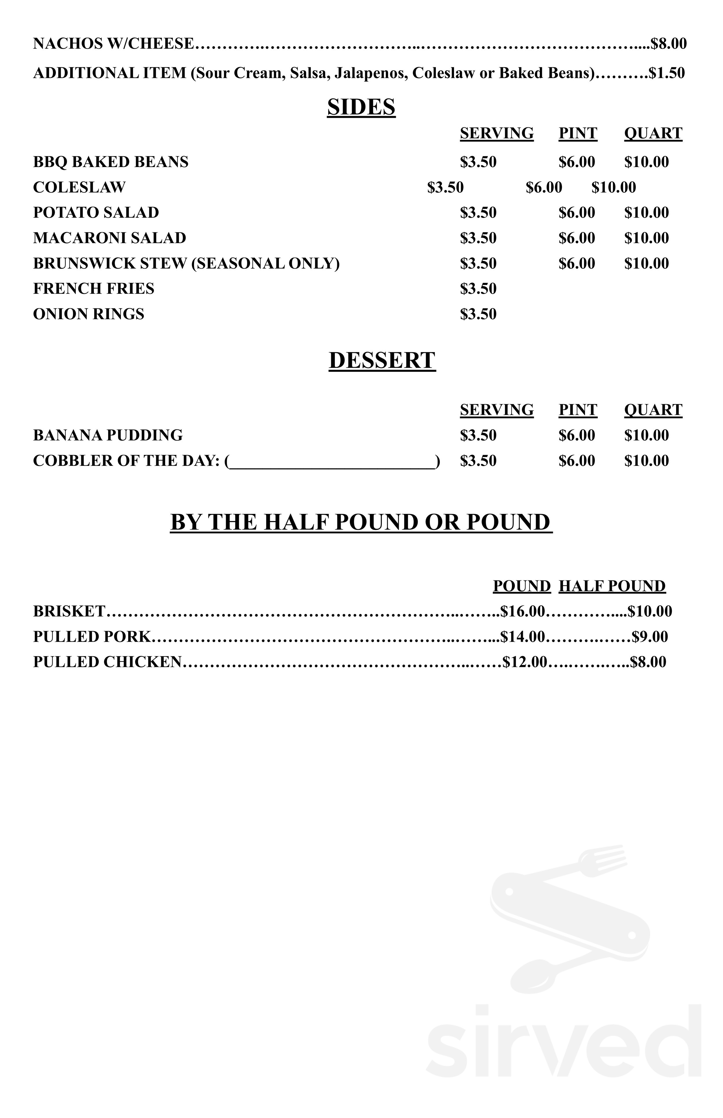 Cole's Southern BBQ Inc. menu in Seneca, South Carolina, USA