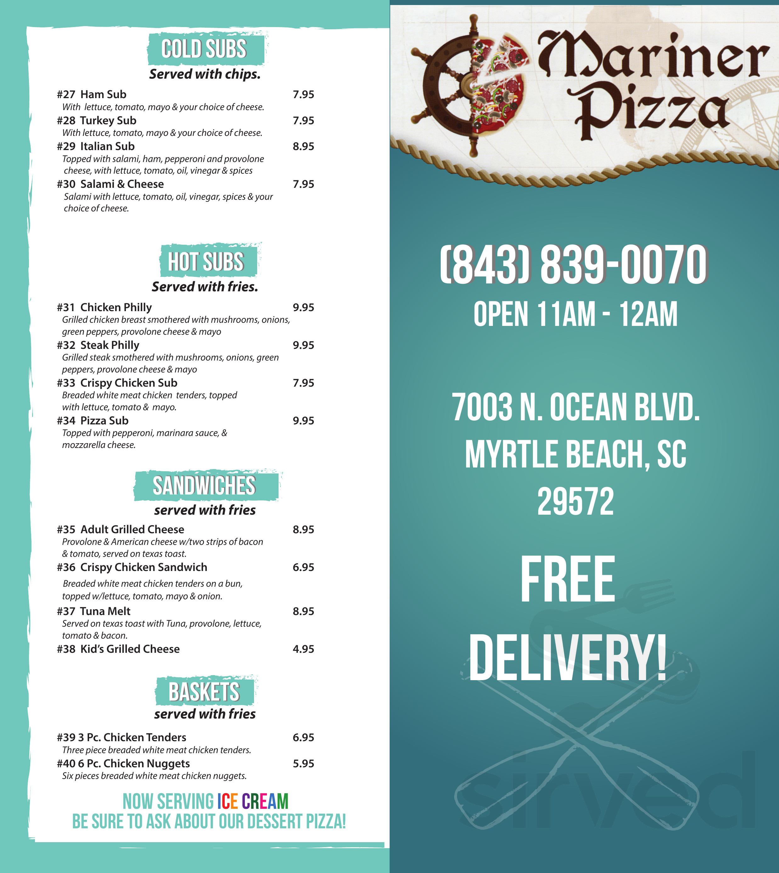Menu for Mariner Pizza in Myrtle Beach, SC | Sirved