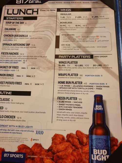 817 Sports Bar & Grill menu in Toronto, Ontario, Canada