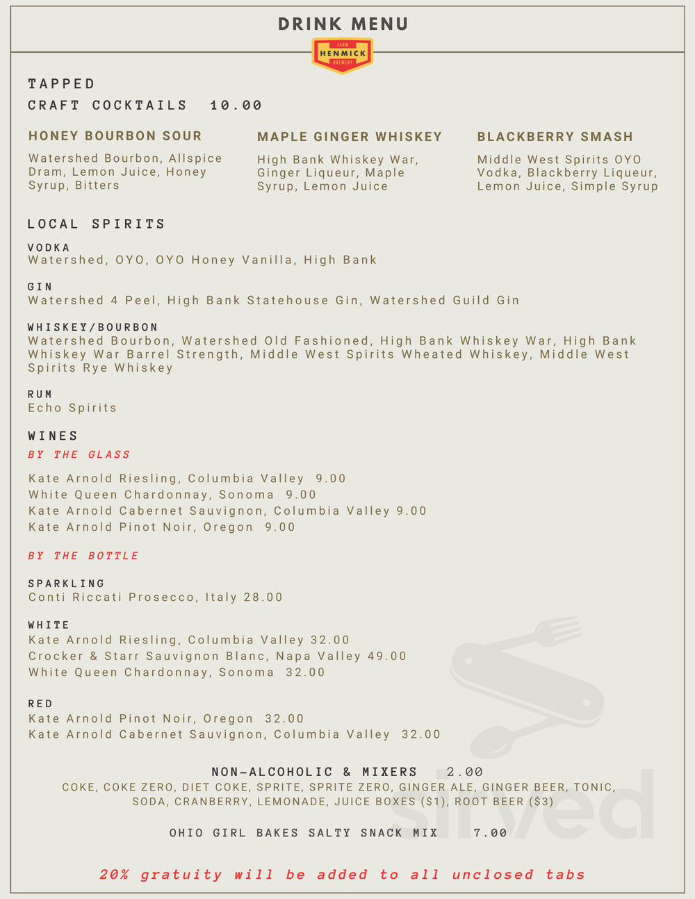 Menu - Delaware OH's Henmick Farm & Brewery | Sirved