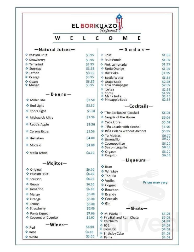 Menu - Aiken SC's El Borikuazo Restaurant | Sirved