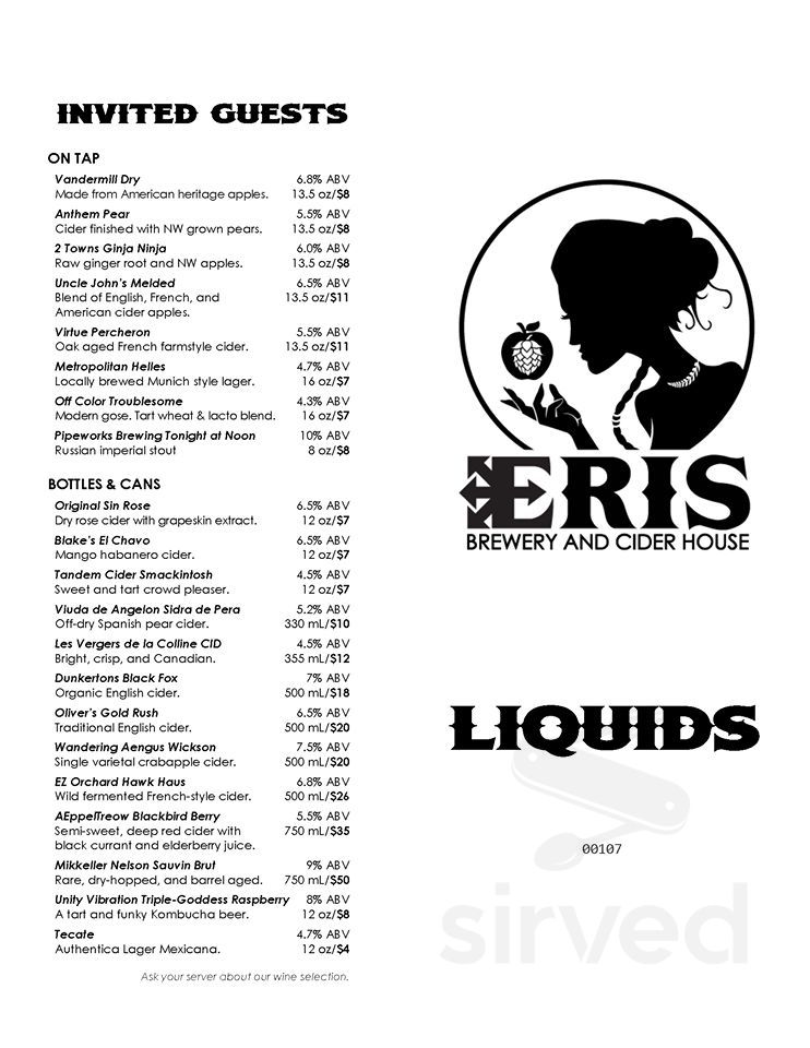 Menu - Chicago IL's ERIS Brewery and Cider House | Sirved