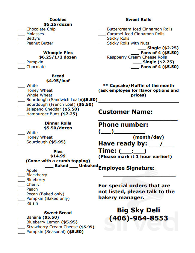 Menu - Vaughn MT's Big Sky Deli & Bakery, LLC | Sirved