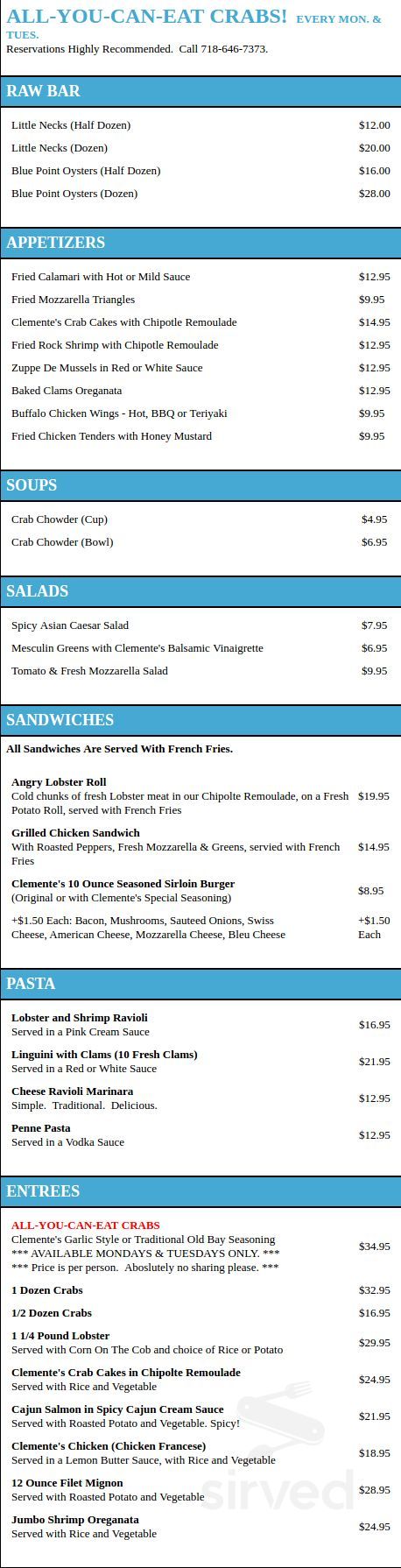 Clemente's Maryland Crab House menu in Brooklyn, New York, USA