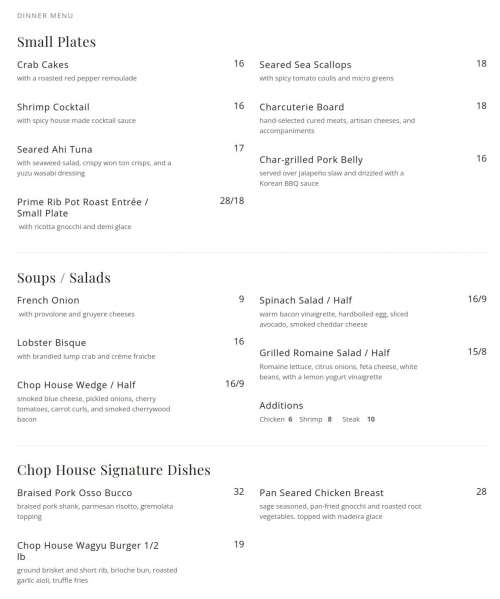 The Chop House on Main menu in Jamestown, New York, USA