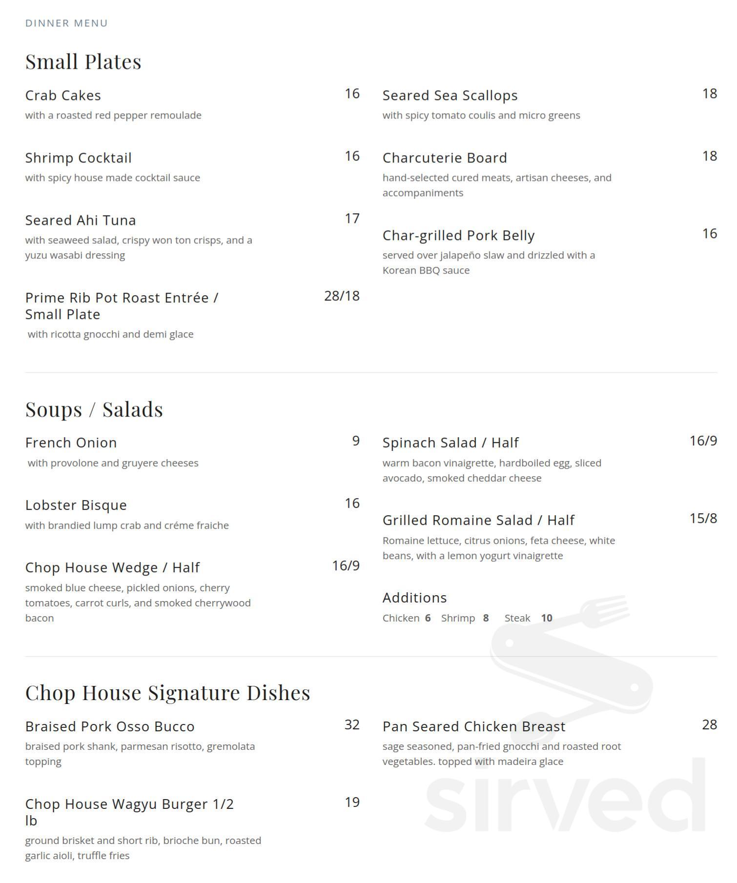 The Chop House on Main menu in Jamestown, New York, USA