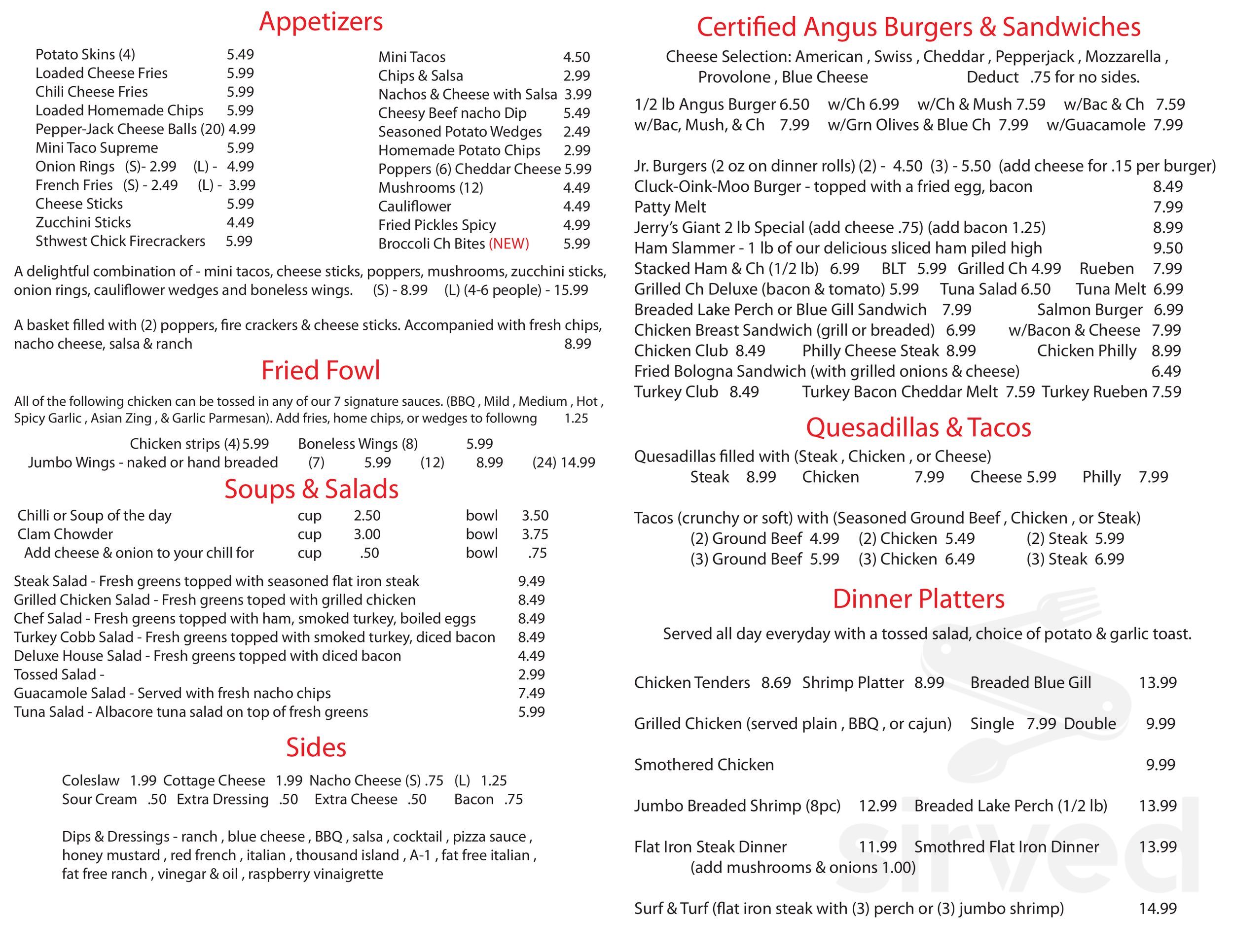 Frenchtown Bar menu in Monroe, Michigan, USA