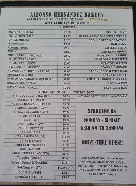 Alfonso Hernandez Bakery menu in Abilene, Texas, USA