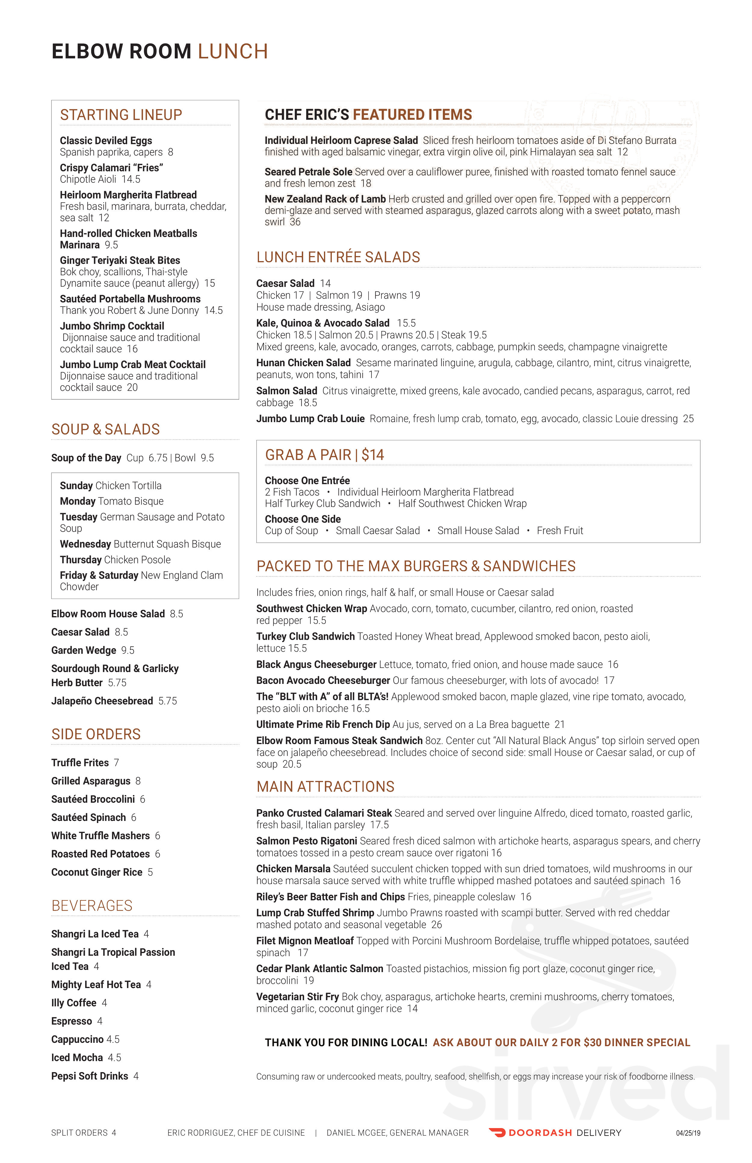 Elbow Room Bar & Grill menus in Fresno, California, United States