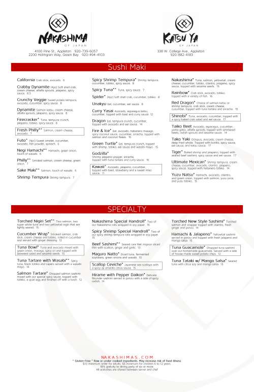 Katsu-Ya of Japan menu in Appleton, Wisconsin, USA