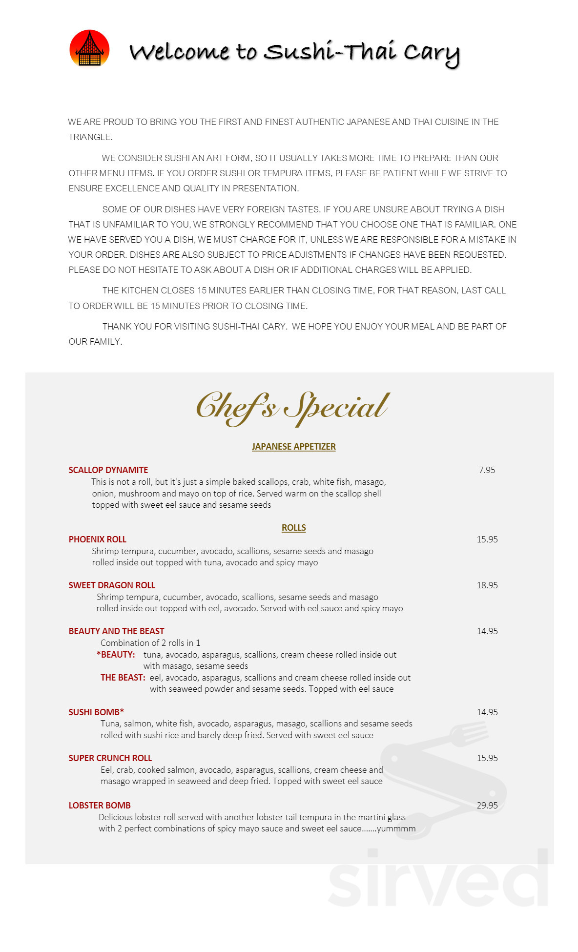 Sushi-Thai Cary menu in Cary, North Carolina, USA