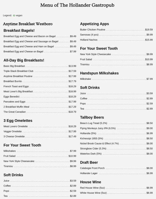 The Hollander menu in Ottawa, Ontario, Canada