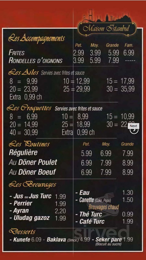 Maison istanbul menu in Longueuil, Quebec J4L 4N5, Canada
